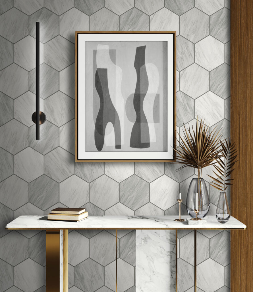Geometric wallpaper tiles with a stone and grout effect